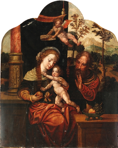 Pieter Elder | The Holy Family with an angel crowning the Virgin, a ...