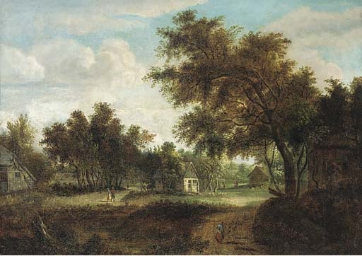 Meindert Hobbema | A wooded village landscape with peasants on a track ...