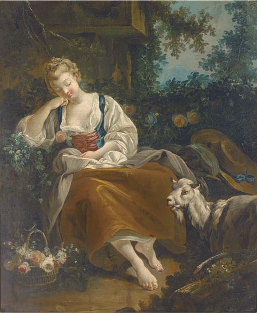 François Boucher | A shepherdess resting in a wooded clearing with a ...
