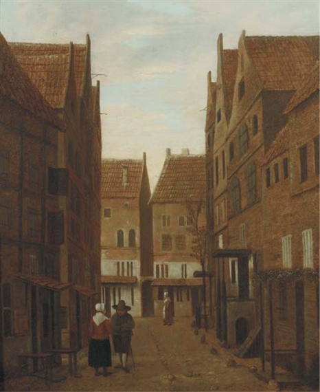 Jacobus Vrel | A city view with figures conversing in the street ...