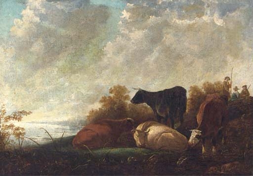 Aelbert Cuyp | Cattle at rest by a river, drovers beyond | MutualArt