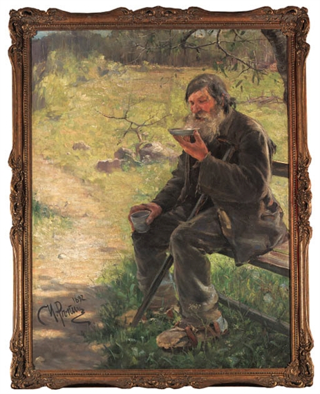 Ilya Repin | Portrait of a bearded Woodsman drinking Tea | MutualArt
