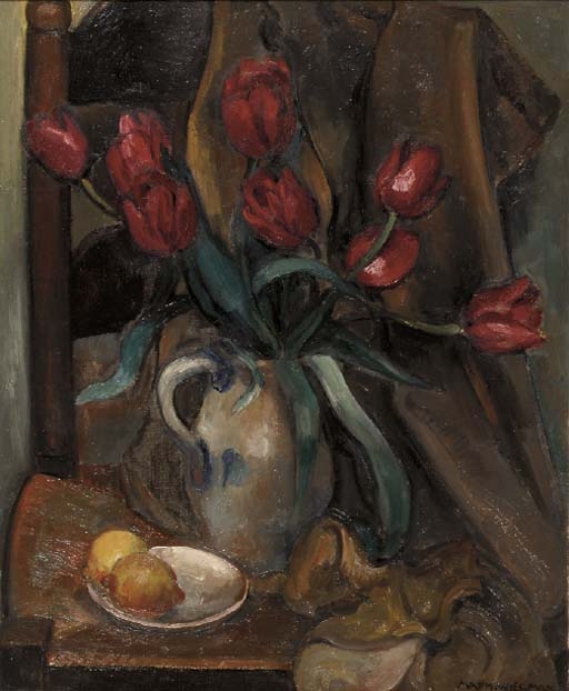Mathieu Wiegman | A still life with a plant, tulips in a vase, a ...