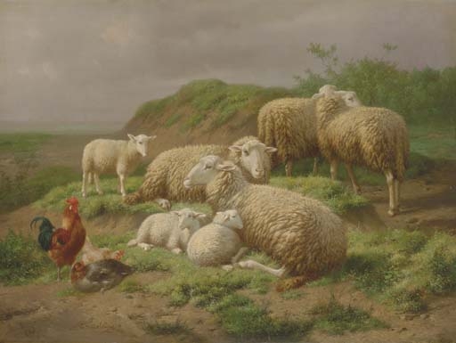 Eugène Rémy Maes | Sheep and Roosters in a Pasture | MutualArt