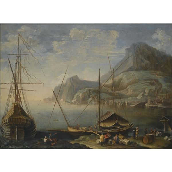 Agostino Tassi | A Mediterranean Coastal Scene with Figures Unloading ...