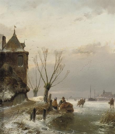 Andreas Schelfhout | Figures with a sledge on the ice | MutualArt