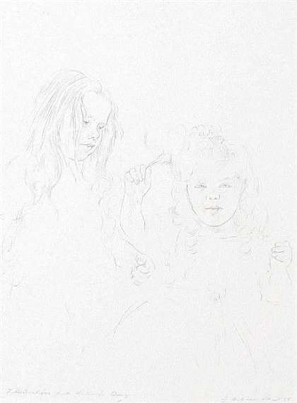 Graham Ovenden - Portrait of two girls, oil on card