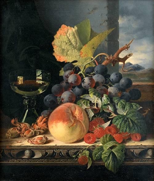 Edward Ladell | Still life with mixed fruit and a glass on a ledge by a ...