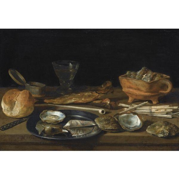 Pieter Claesz | STILL LIFE WITH A BRAZIER, A WINE-GLASS, A BREAD ROLL ...