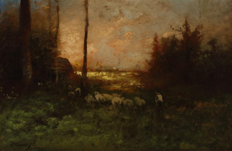 George Inness, Jr. | Shepherd and sheep in an atmospheric landscape ...