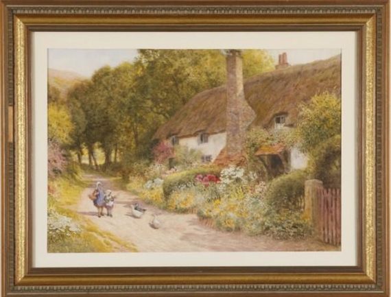Arthur Claude Strachan | Cottage and garden with two girls and geese ...