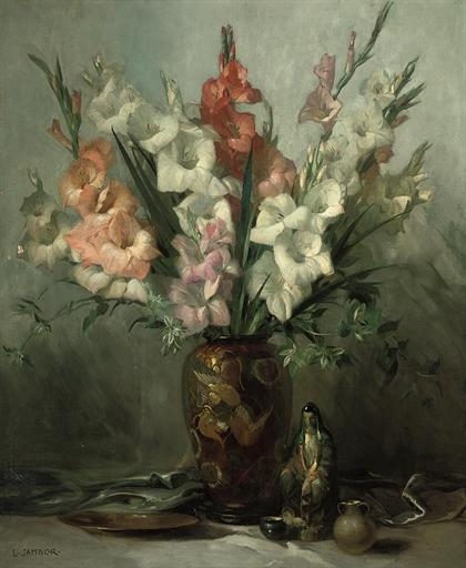 Lajos Jambor | Gladioli in an Oriental vase with ornaments on a draped ...