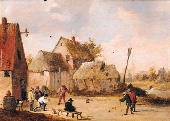 Abraham Teniers | A VILLAGE SCENE WITH PEASANTS PLAYING SKITTLES ...