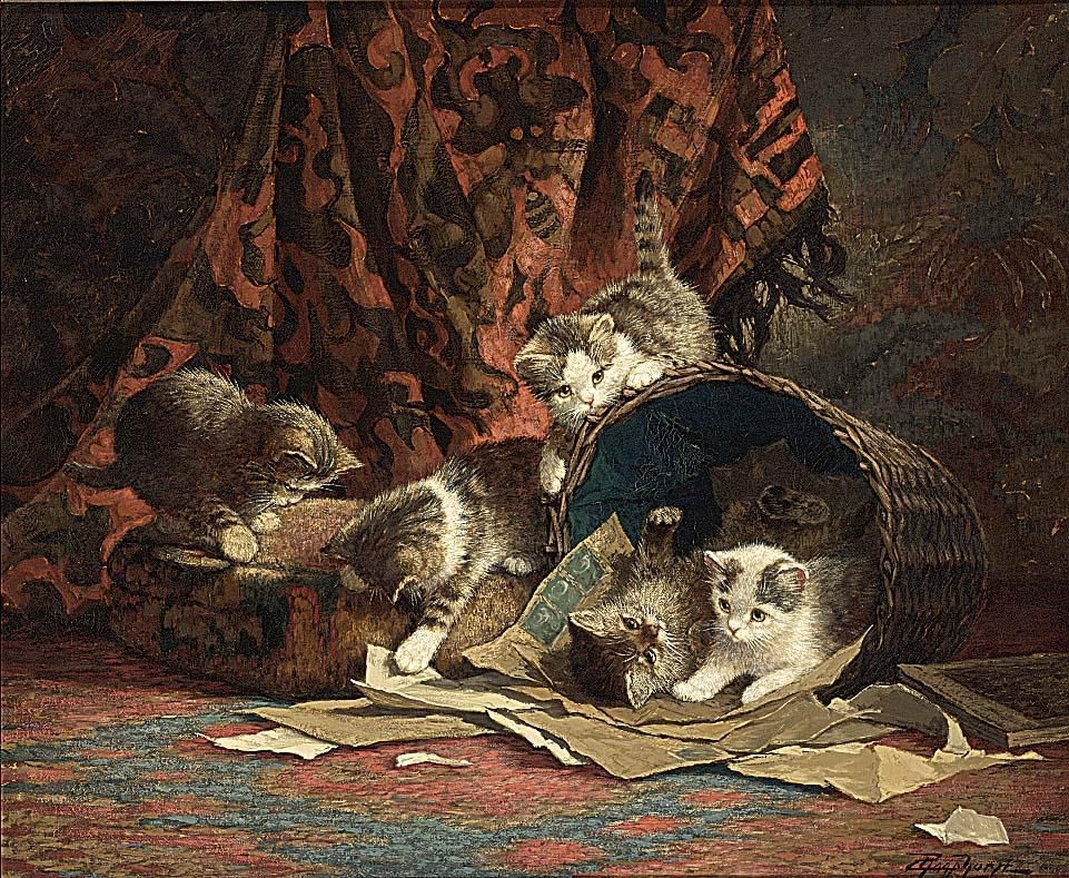 Cornelis Raaphorst | KITTENS AT PLAY IN A BASKET | MutualArt