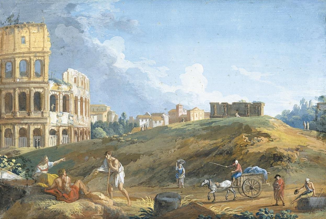 Giovanni Battista Busiri | VIEW OF THE COLOSSEUM WITH TRAVELLERS IN THE ...
