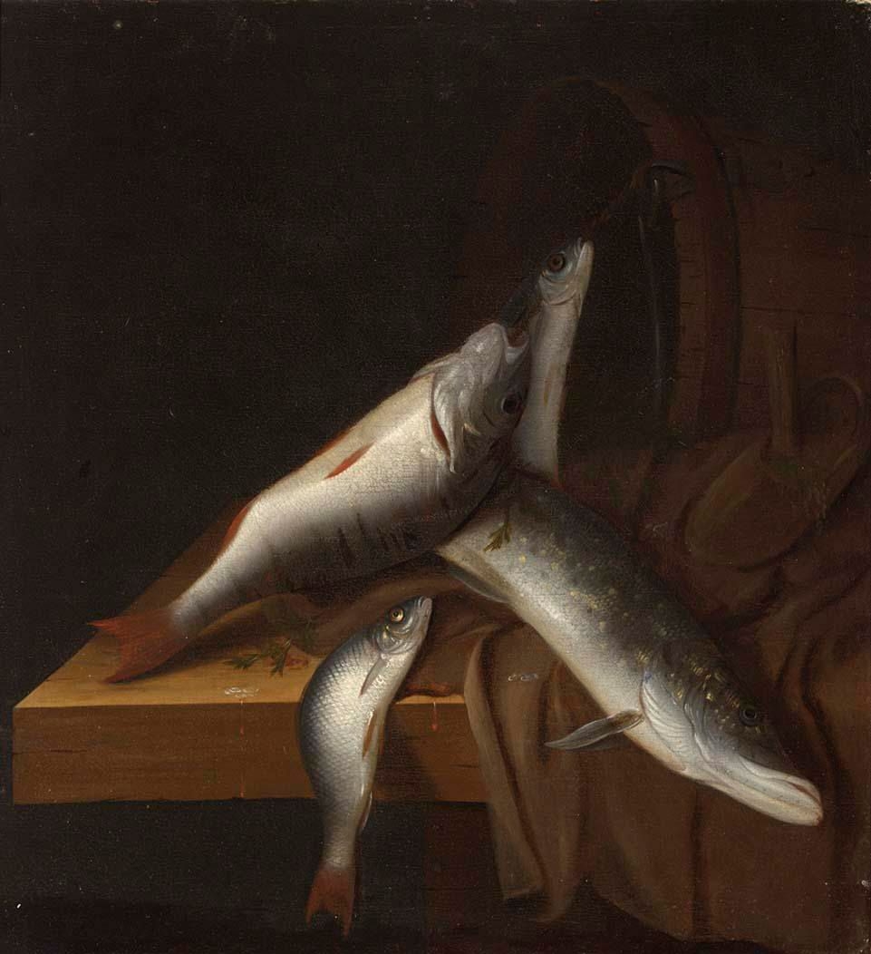 Jacob Gillig | a still life with freshwater fish on a wooden draped ...
