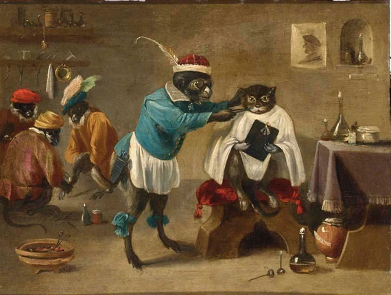 Abraham Teniers | an interior of a monkey barbershop with a monkey ...