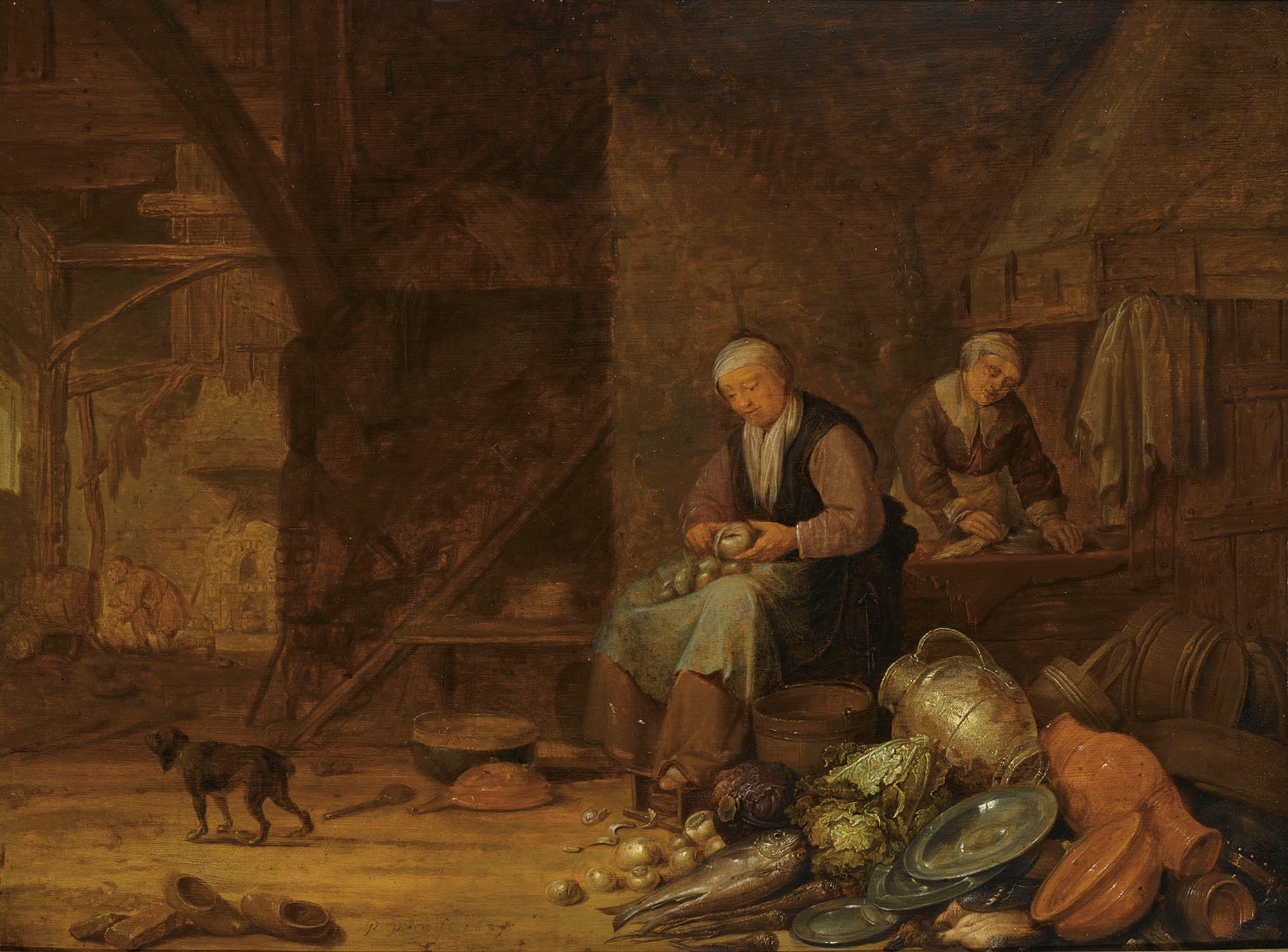 Pieter Symonsz. Potter | A barn interior with a woman peeling onions ...
