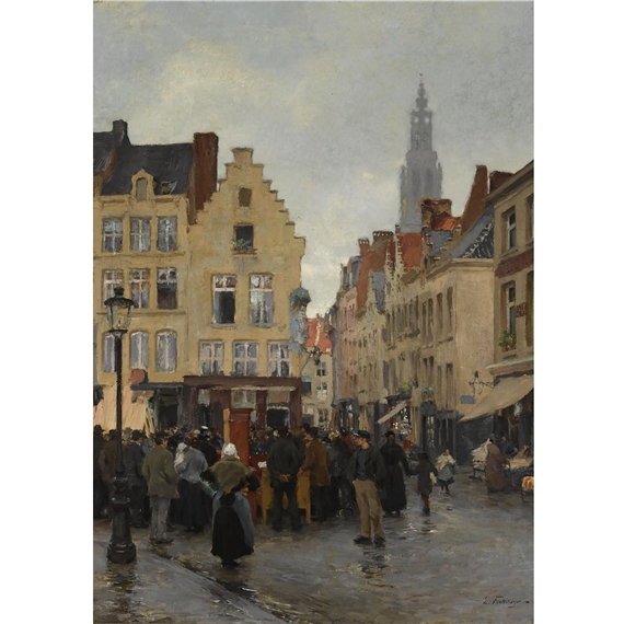 Edgard Farasyn | a busy market in Antwerp | MutualArt