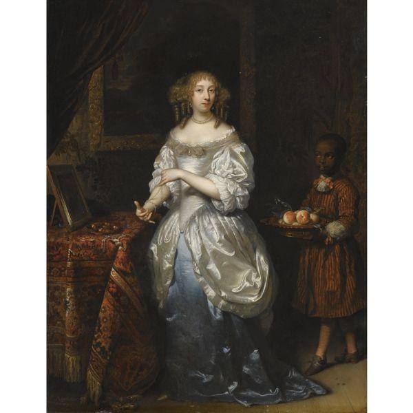 Caspar Netscher | A PORTRAIT OF A LADY, WEARING A BLUE-AND-WHITE SATIN ...