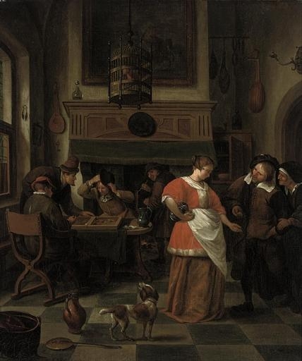 Jan Steen | A tavern interior with figures playing a game and a dog ...