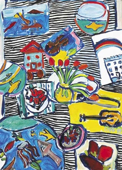 Elizabeth Cope | STILL LIFE WITH TULIPS AND PAINTINGS (2008) | MutualArt