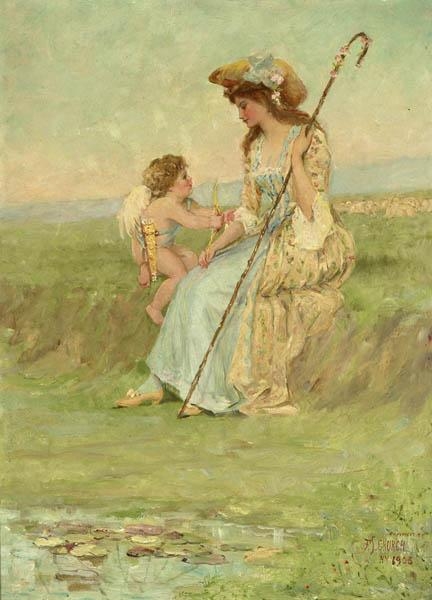 Frederick Stuart Church | Seated girl presenting a rose to a tiger ...