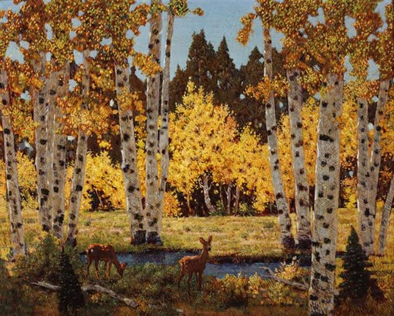 Conrad Buff | Deer grazing by a stream in a forest | MutualArt