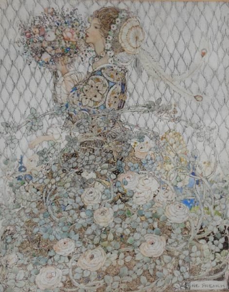 Annie French | A lady holding a posy of flowers amidst briar roses ...