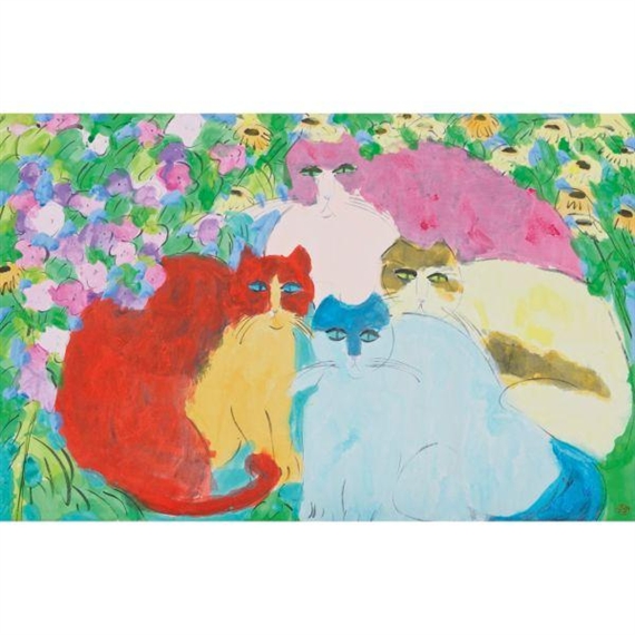 Walasse Ting | Cats with Flowers (1982) | MutualArt