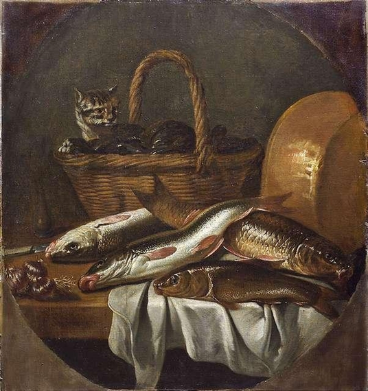 Flemish School 17th Century | A still-life of fish with a cat | MutualArt