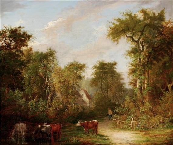 George Barrell Willcock | Cattle in a woodland landscape | MutualArt