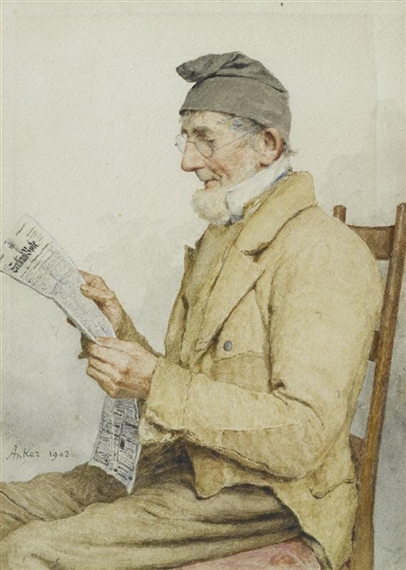 Albert Anker | Portrait of a man reading a newspaper (1903) | MutualArt