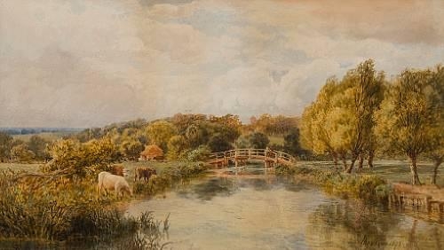 Thomas Pyne | River landscape with cattle (1893) | MutualArt