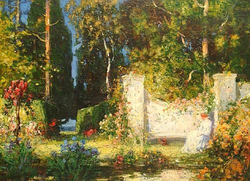 Thomas Edwin Mostyn | Lady in a white dress seated in a garden | MutualArt