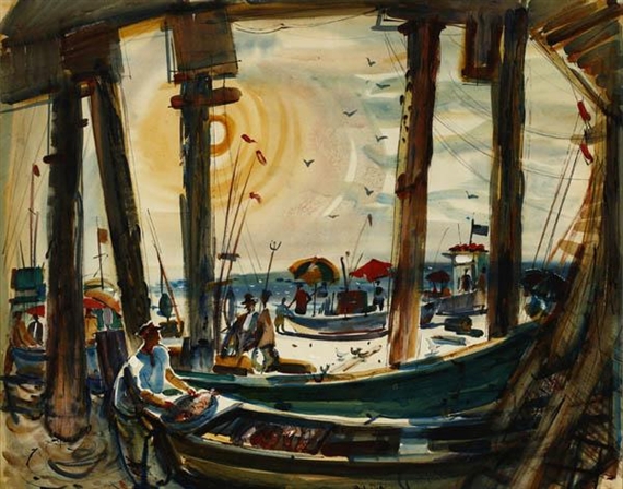 Phil Dike | Fishermen under the Newport Pier | MutualArt