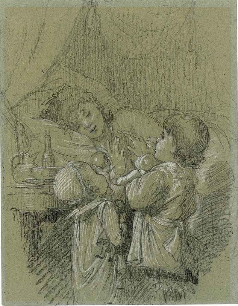 Timoléon Marie Lobrichon | Two children waking their mother | MutualArt