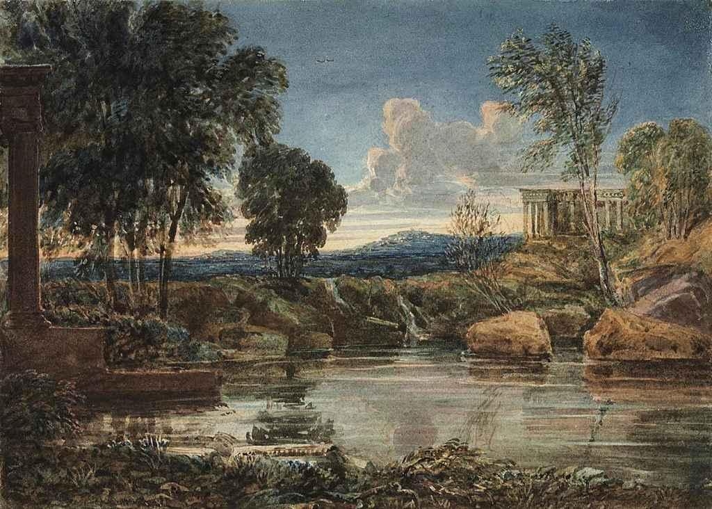 David Cox Sr. | A capriccio landscape with a temple beyond | MutualArt