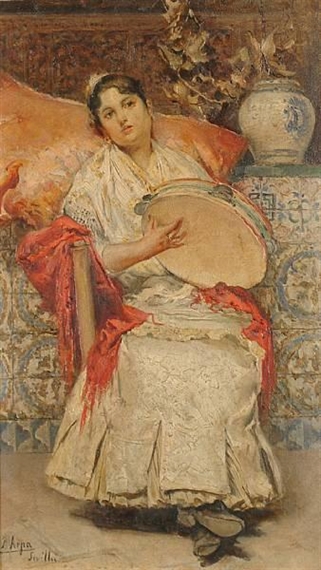 José Arpa y Perea | Lady in an interior playing a tambourine | MutualArt