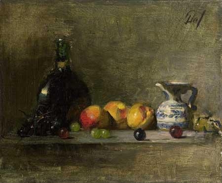 David A. Leffel | Still Life with Fruit, a Bottle and a Blue and White ...