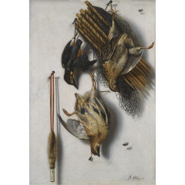 Jacobus Biltius | A trompe l'oeil still life with two quails, a ...