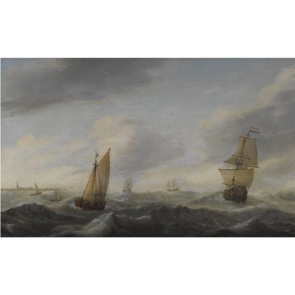 Willem Van Diest | A coastal landscape with dutch shipping in a stiff ...