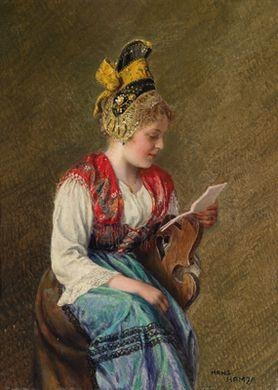 Hans Hamza | Girl with Golden Bonnet Reading a Letter | MutualArt
