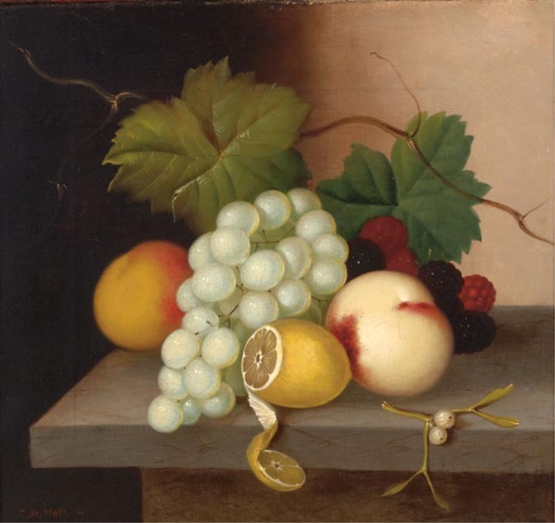 George Henry Hall | Still life with grapes, peaches, raspberries ...