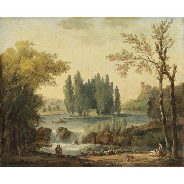 Hubert Robert | A RIVER LANDSCAPE WITH AN ARTIST SKETCHING BENEATH A ...