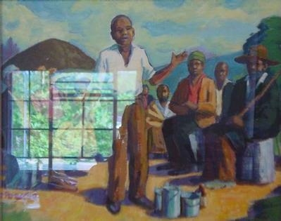 Pemba George | Village Scene with Elders (1990) | MutualArt