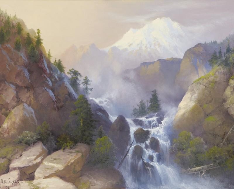 A.D. Greer | Untitled - Mountain Landscape with Waterfall (1974 ...