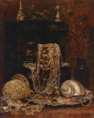 August Pollak | Still Life with Jewellery, Shells and Peacock Feathers ...