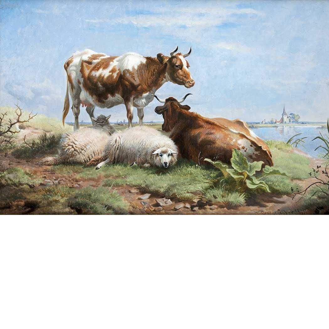 Thomas George Cooper | Cows and Sheep at Rest (1895) | MutualArt