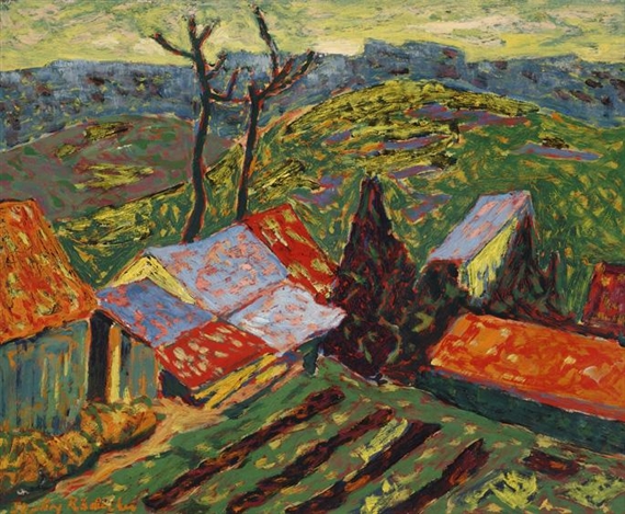 Max Rädecker | A landscape with hills and houses (1950) | MutualArt
